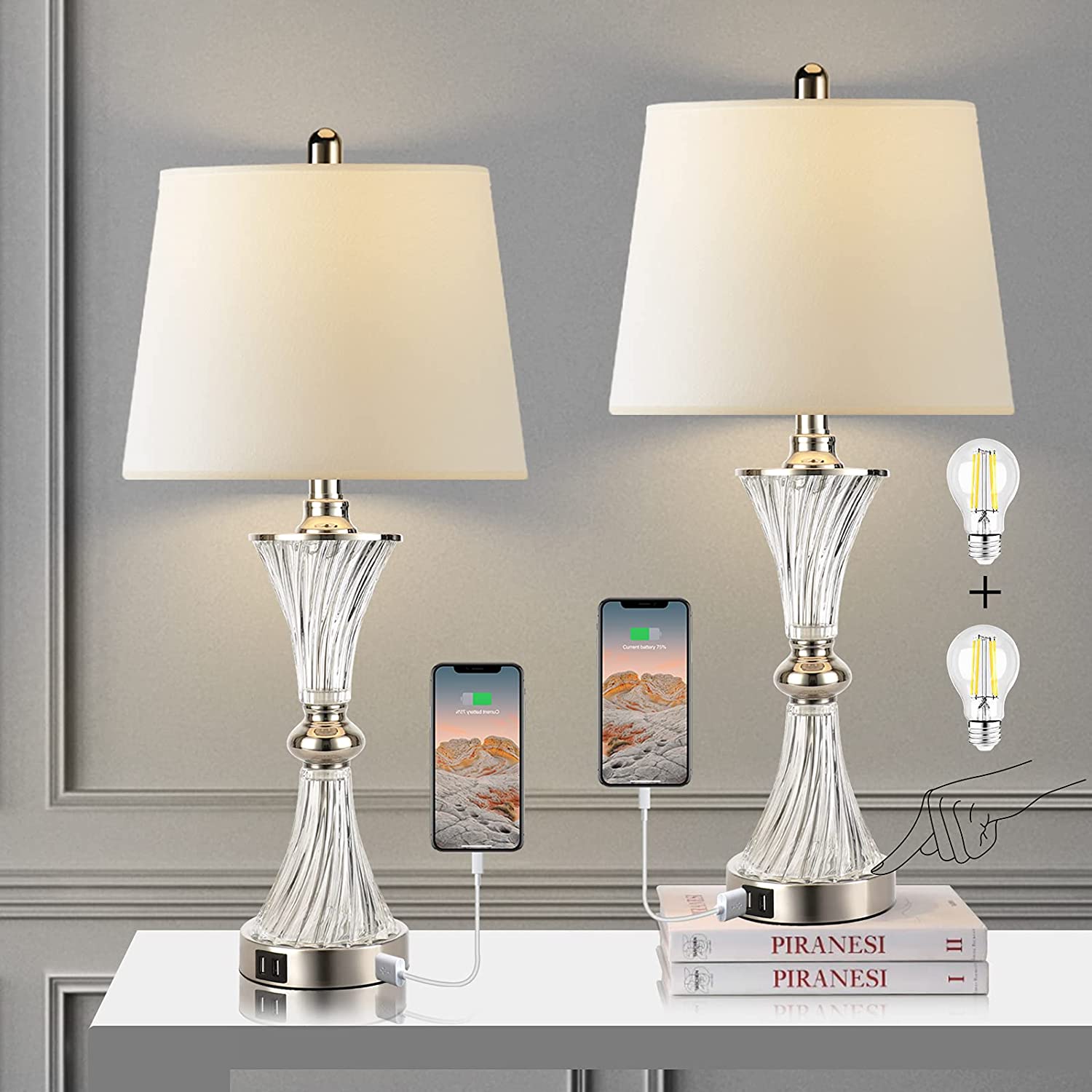 Silver Table Lamps - Desk Lamp Set of 2 with Cream Fabric Shade ...