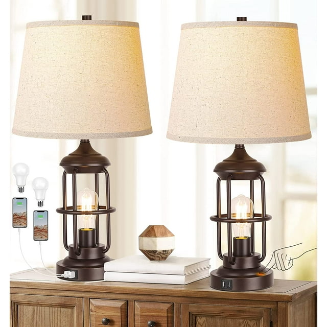 Partphoner Rustic Industrial Bedroom Bedside Lamps, 2-Pack, With Living ...