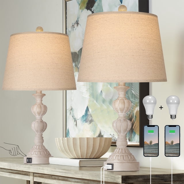 Partphoner Rustic Bedside Table Lamp Set of 2, 3-Way Dimmable, 2 USB ...