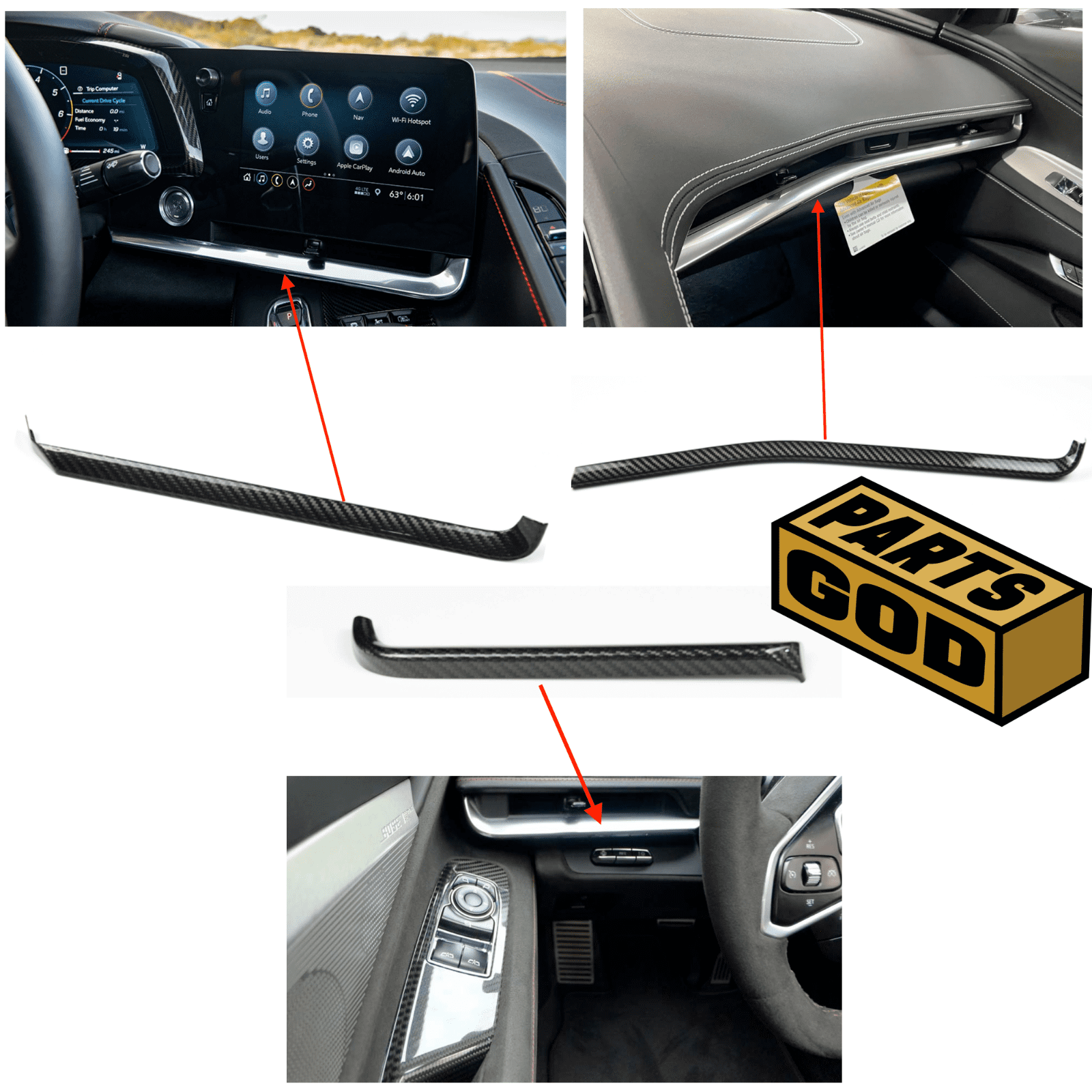 Parts God Corvette C8 Carbon Fiber 3-Piece Interior Trim Kit (Real ...