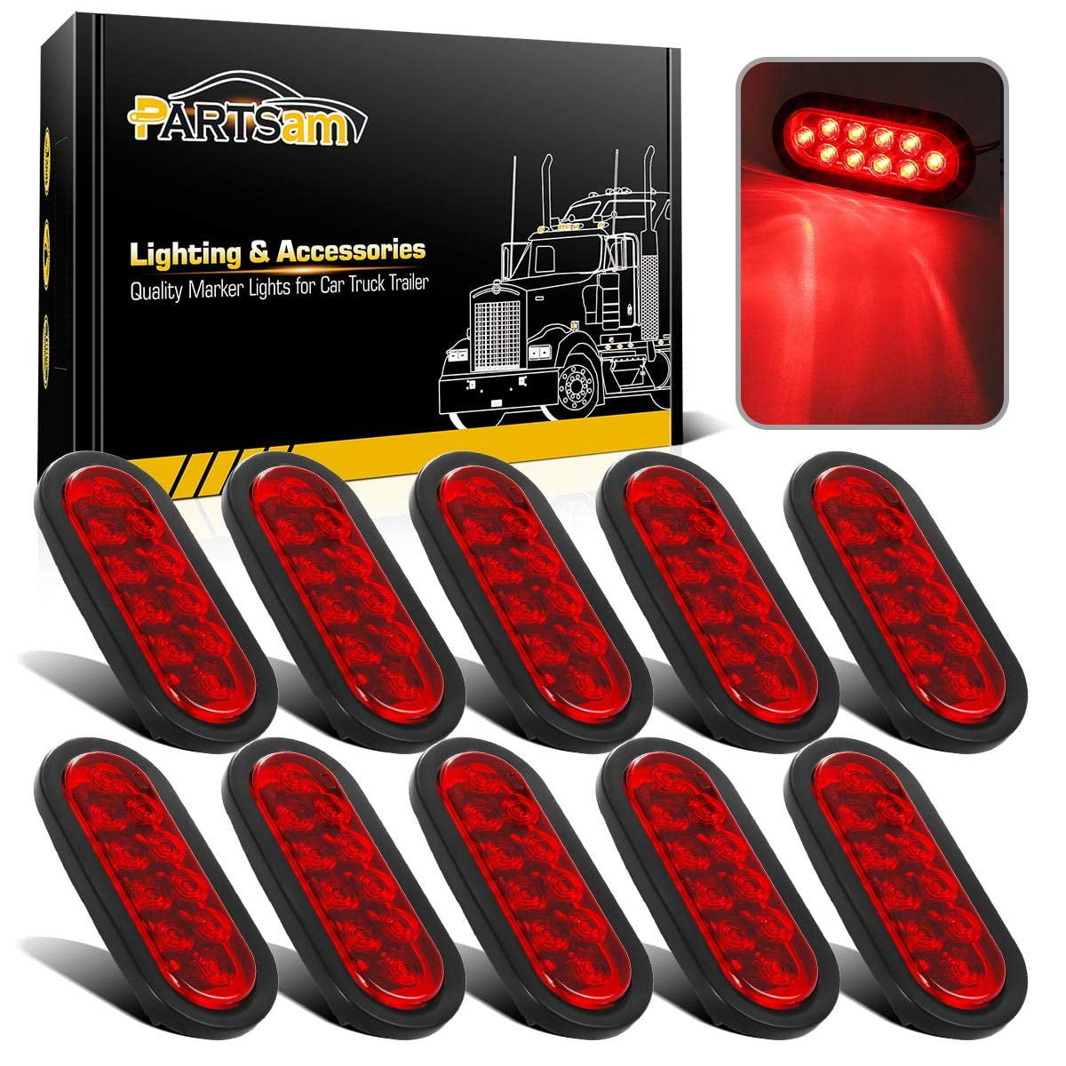 Partsam 10Pcs 6" Inch RRF12 Oval Led Trailer Tail Lights Red 10 Diodes ...