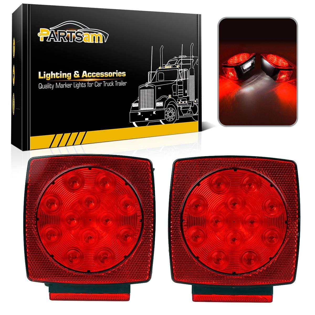 Partsam 12V Submersible Square IFF17 Led Trailer Light,Red Stop Turn Tail License Brake Running ...