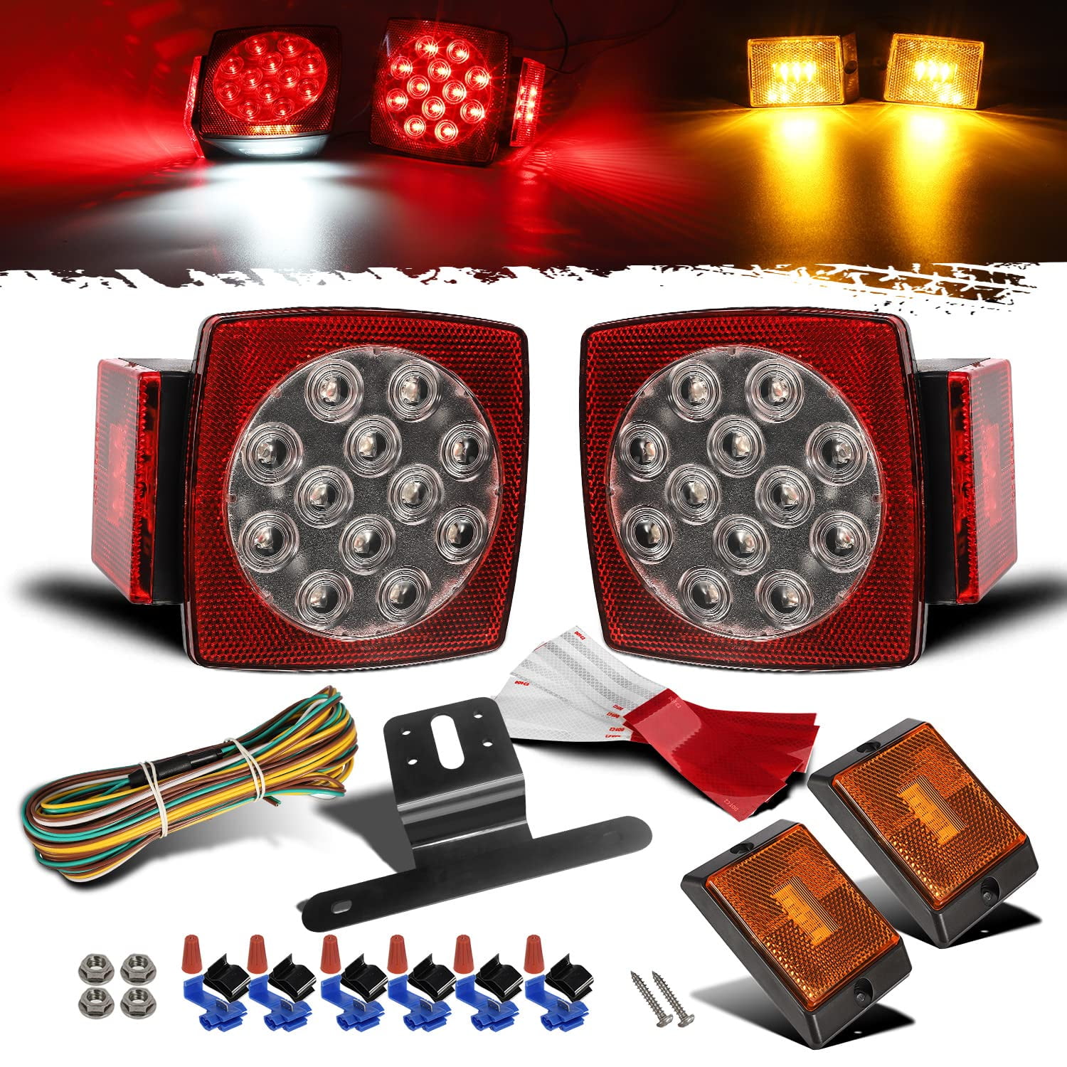 Partsam 12V Waterproof Square SSF20 LED Trailer Tail Kit Clear Lens Red ...