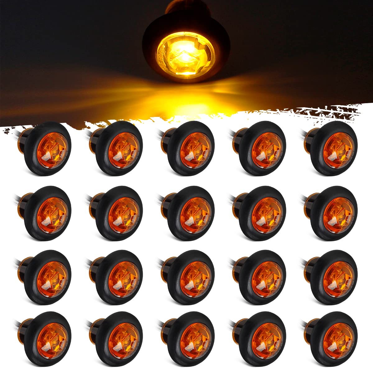 Partsam 20x 3/4 inch RRF12 Amber LED Side Marker Clearance Light with Plug, Sealed Mini Round 3/ ...
