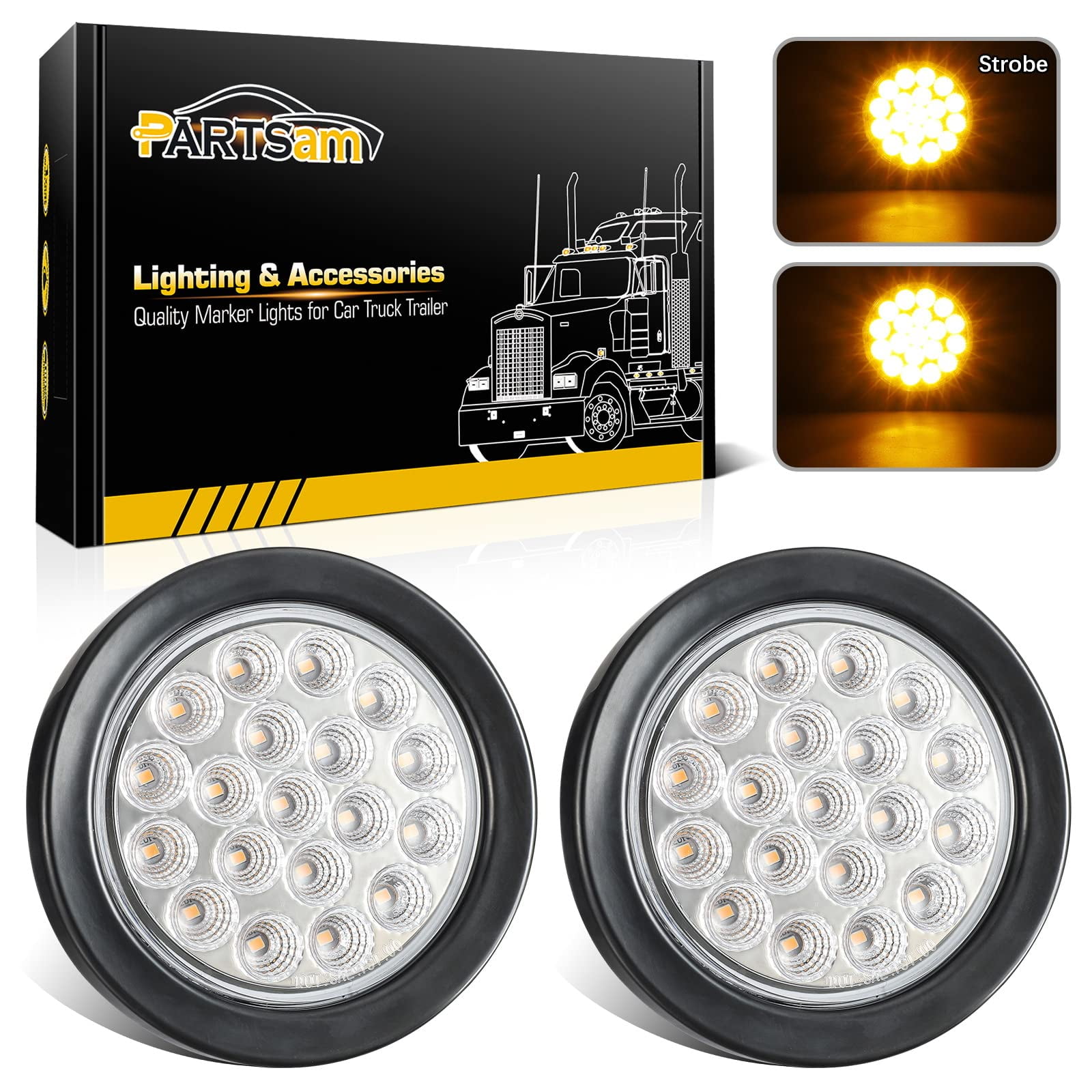 Partsam 2x 4 Inch Round Amber Strobe Lights 19 Diodes LED w/Rubber ...