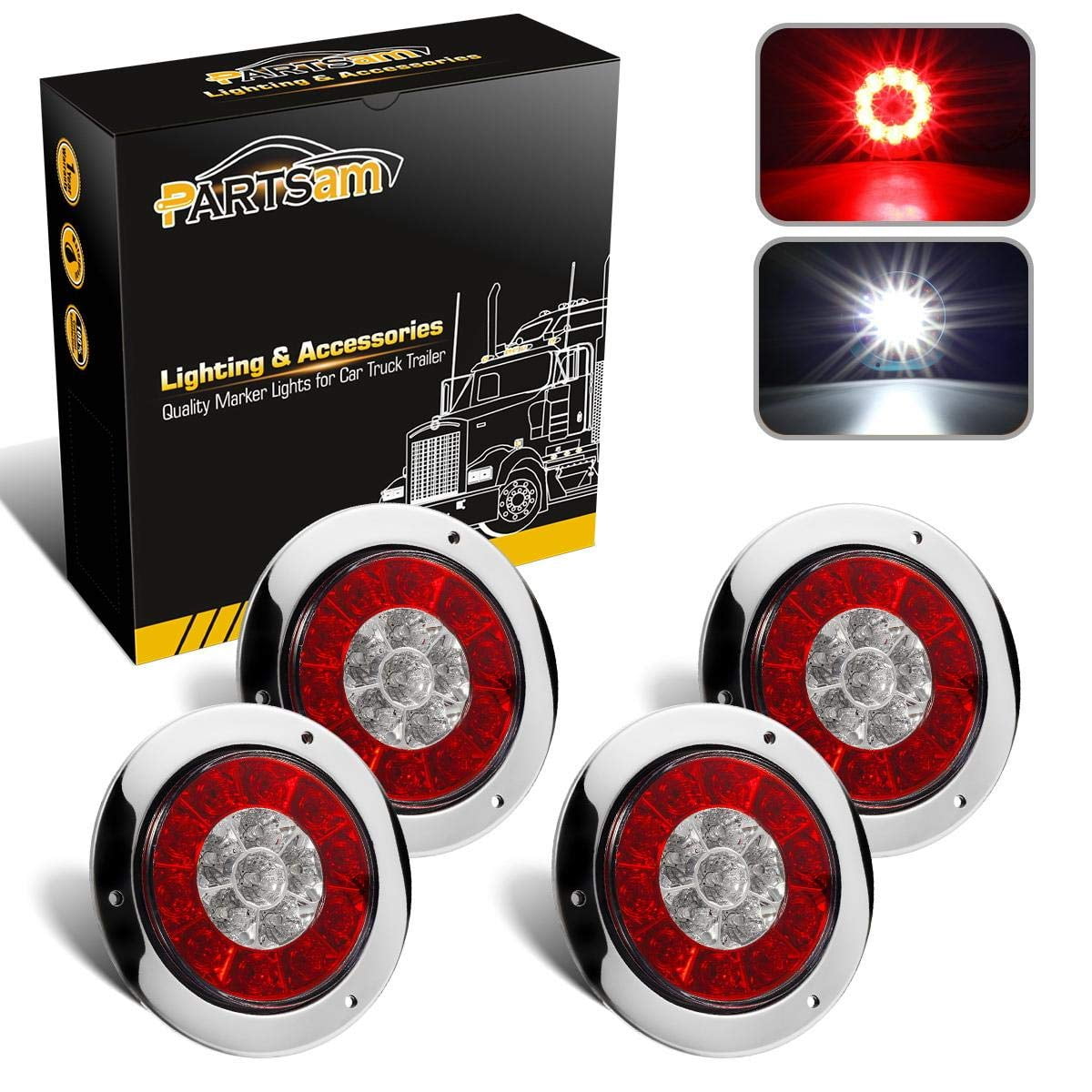 Partsam 4Pcs 4 Inch Round LED Trailer Tail Lights White Red Flange ...