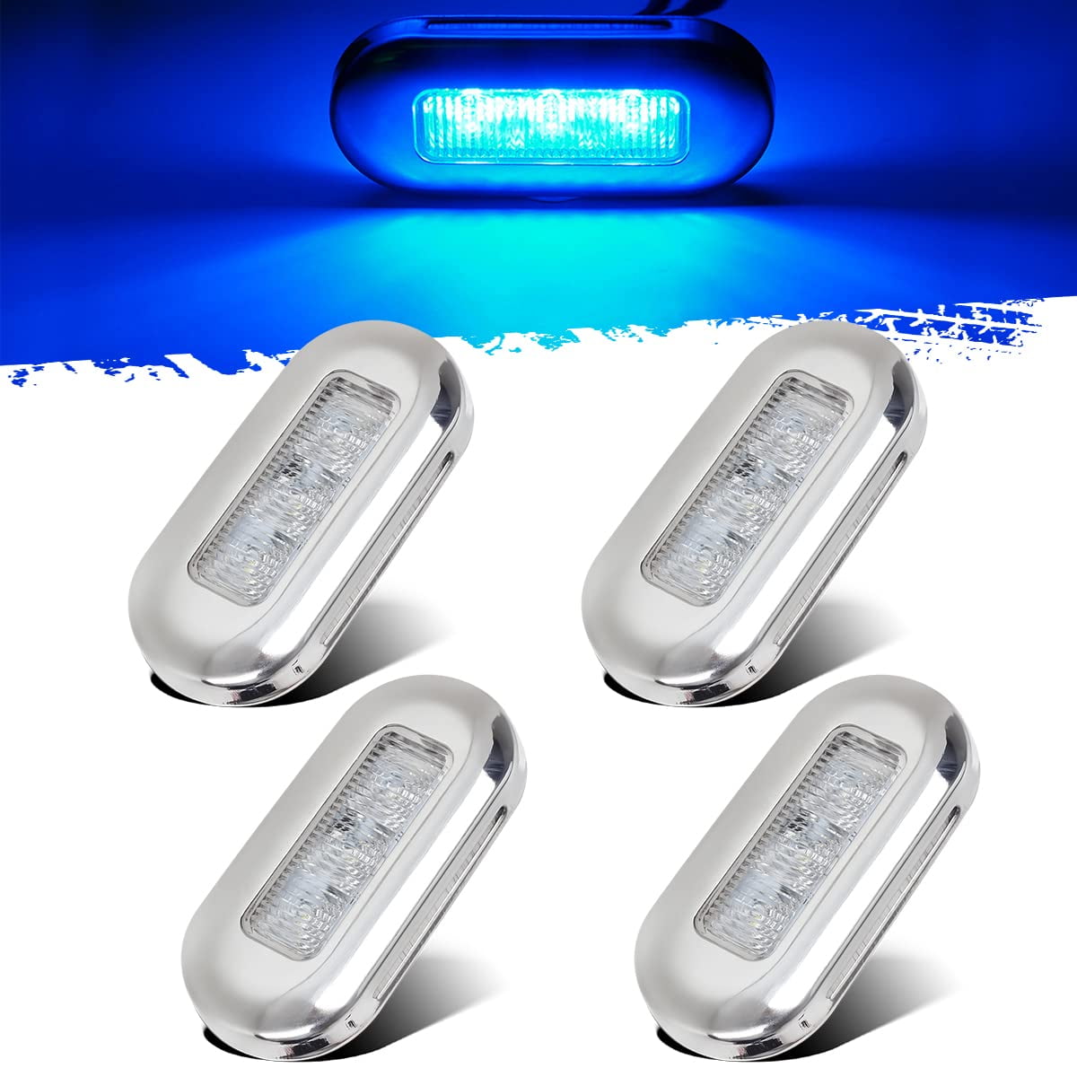 Partsam 4pcs 3" Blue LED Oblong Courtesy Light Marine Boat Deck Transom ...