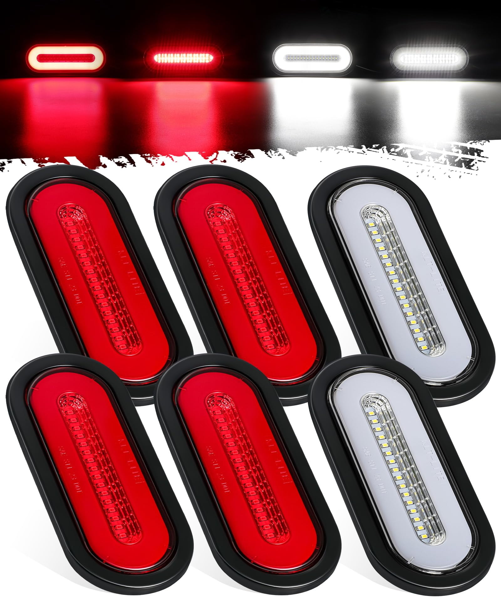 Partsam 6Pcs 6 Inch Oval LED Trailer Tail 4 Red 2 White with Halo Glow Stop Turn Tail Running ...