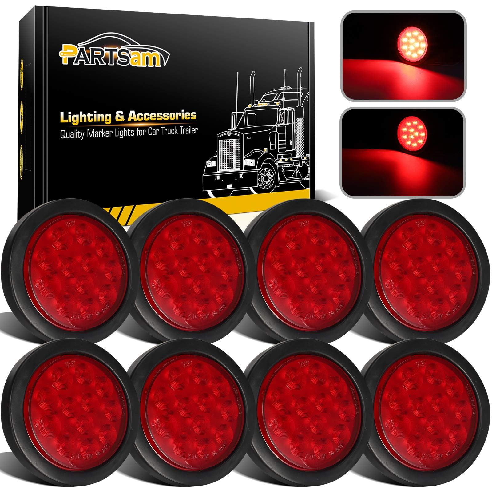 Partsam 8Pcs 4" Round Red LED Trailer Tail Light, 4 Inch Round Led Stop ...