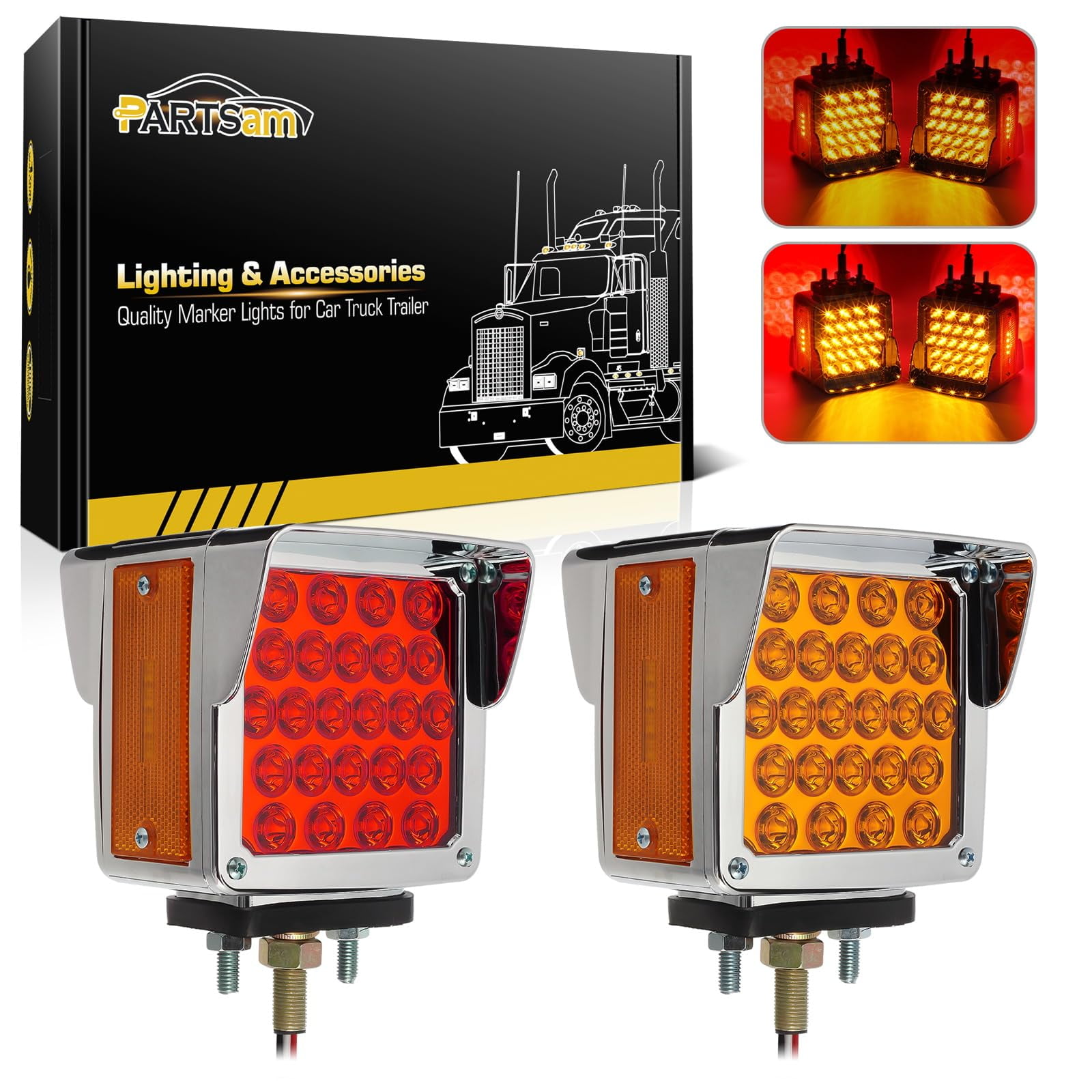 Partsam Pair Truck Trailer MMF7 52 LED Red/Amber Square Face Pedestal ...