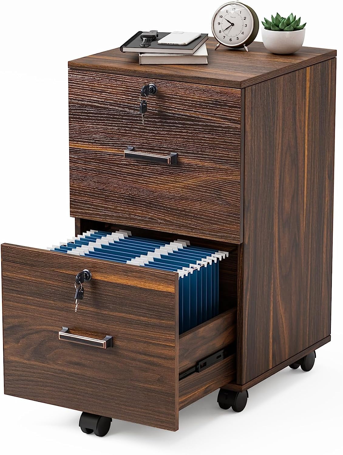 Party 2 Drawer File Cabinet with Lock, Wood Dark Brown File Cabinets ...