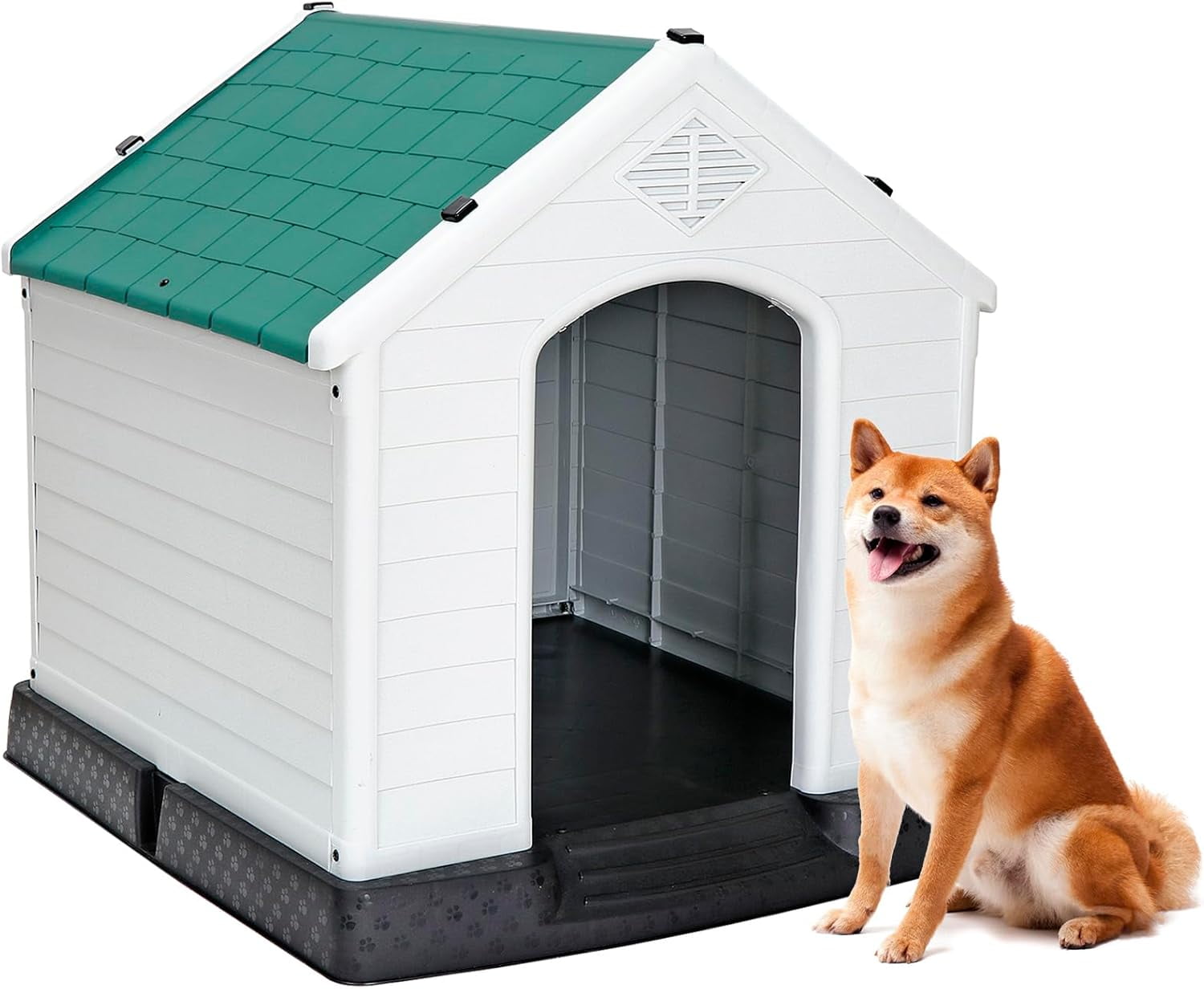 Party 34Inch Large Plastic Dog House - Waterproof Dog Kennel with Air Vents and Elevated Floor ...