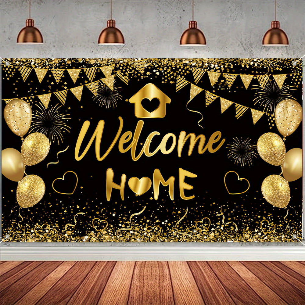 Party Background Banner,Black Golden Welcome Home Banner Decoration ...