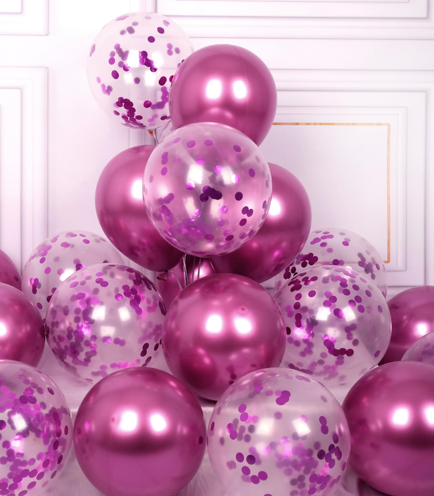 Party Balloons Pack of 80 - Metallic Chrome Hot Pink Balloons and Hot Pink Confetti Latex Helium ...