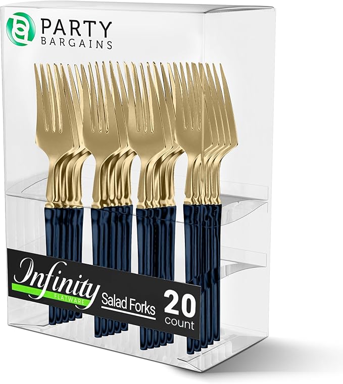 Party Bargains Disposable Plastic Navy Gold Salad Forks, Infinity ...