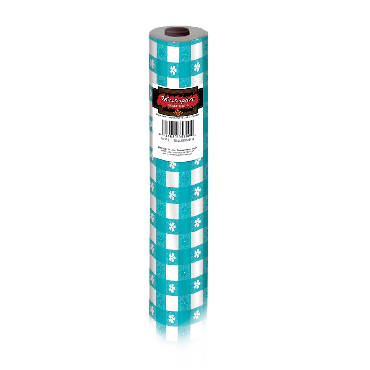 100' Teal Blue and White Floral Gingham Disposable Banquet Party Table ...