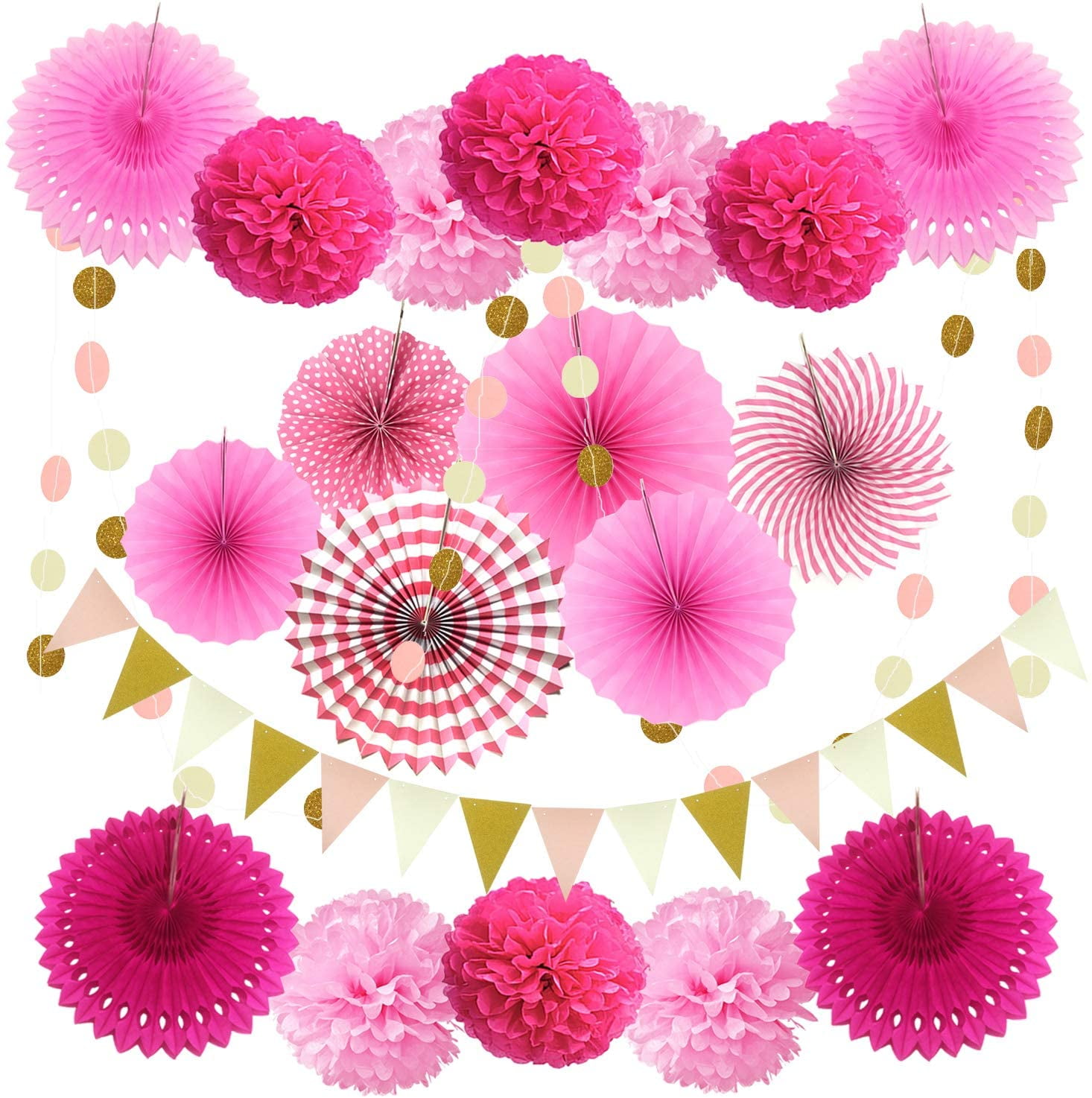 Party Decoration, 21 Pcs Multi-color Hanging Paper Fans, Pom Poms ...
