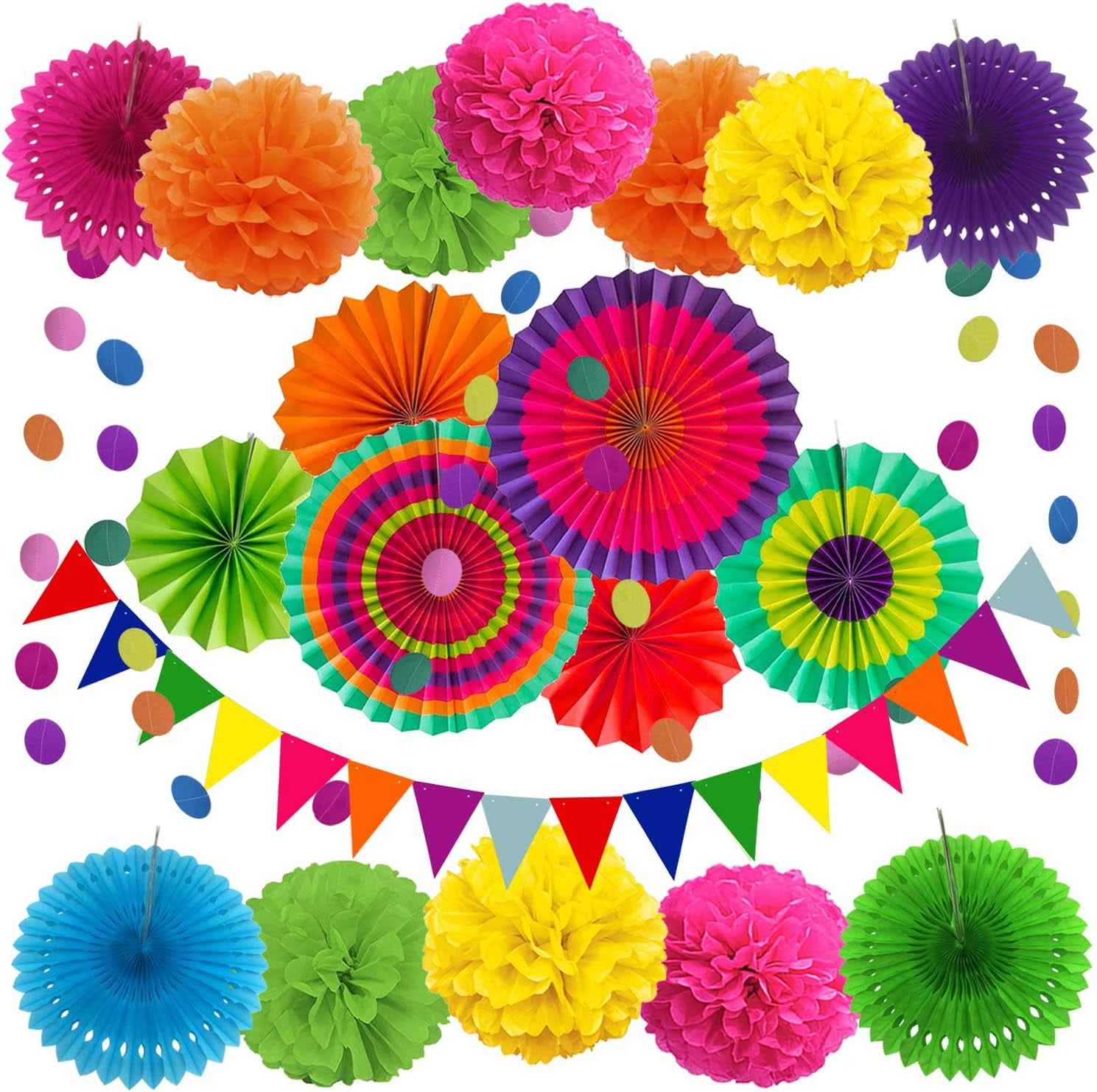 Festive Party Decor, 21 Pcs Multi-color Paper Fans Pom Poms Garland ...