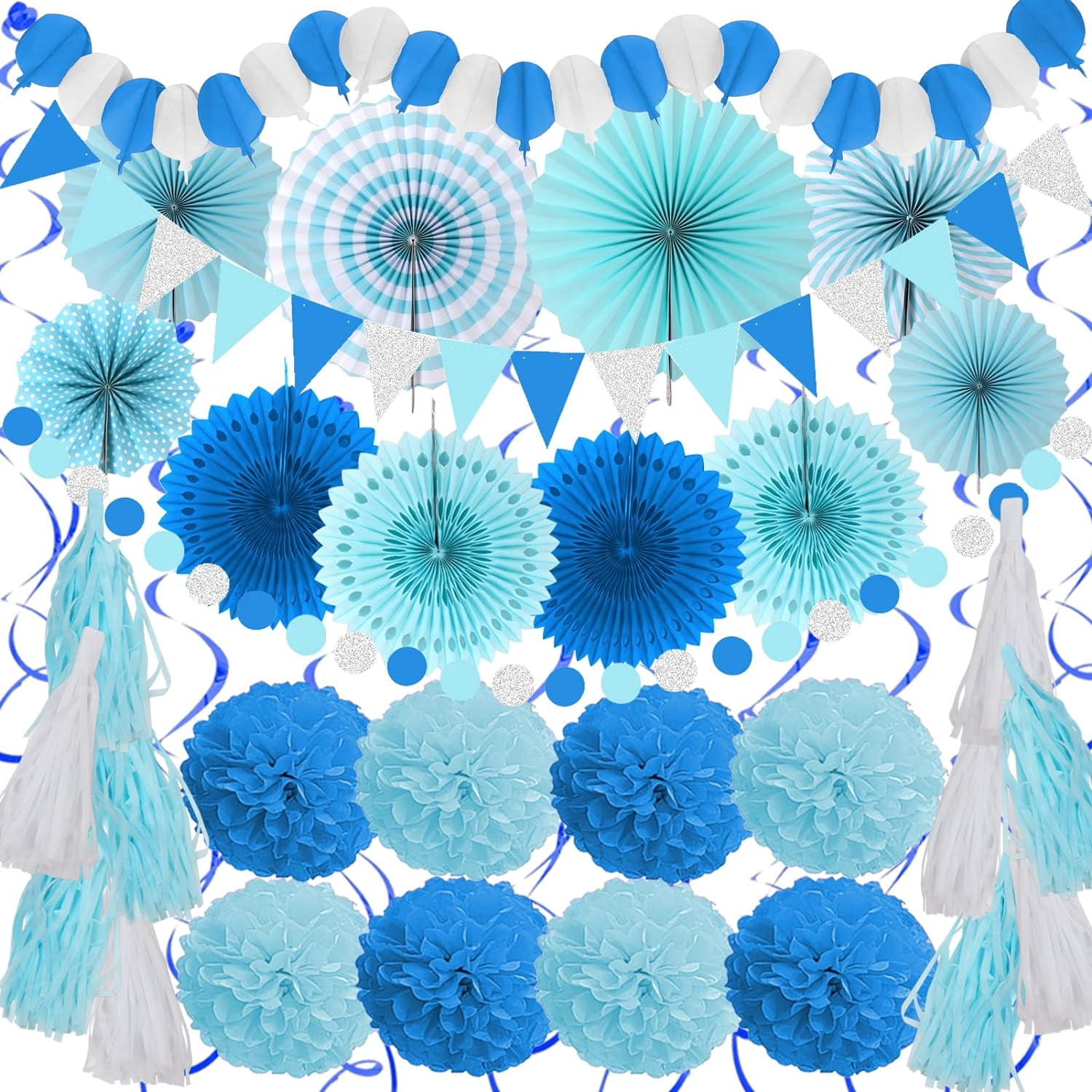 Party Decorations, 41 Pcs Blue Papar Fans Pompoms Garlands String ...