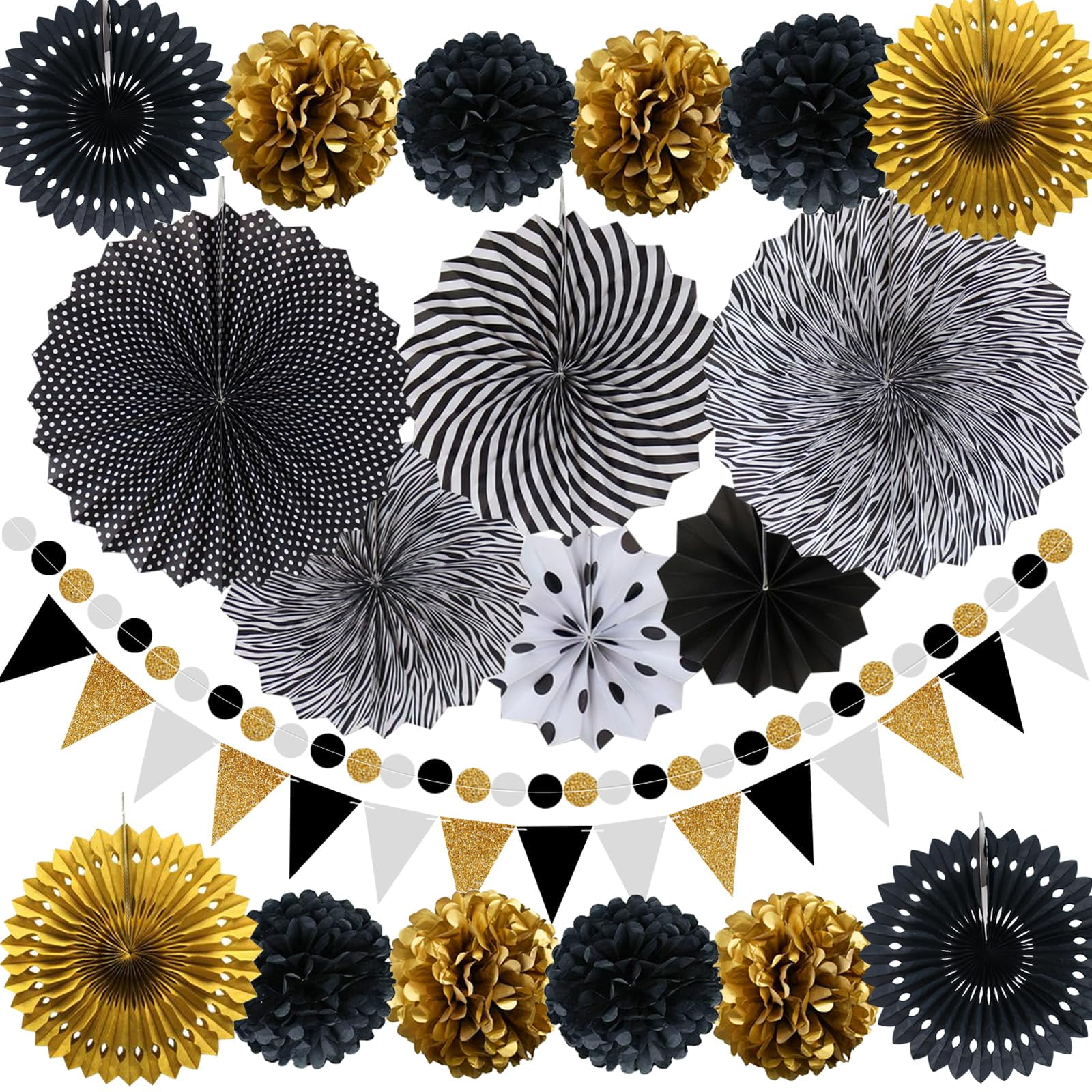 Party Decorations, Black and OIF8 Gold Hanging Paper Fans, Pom Poms ...