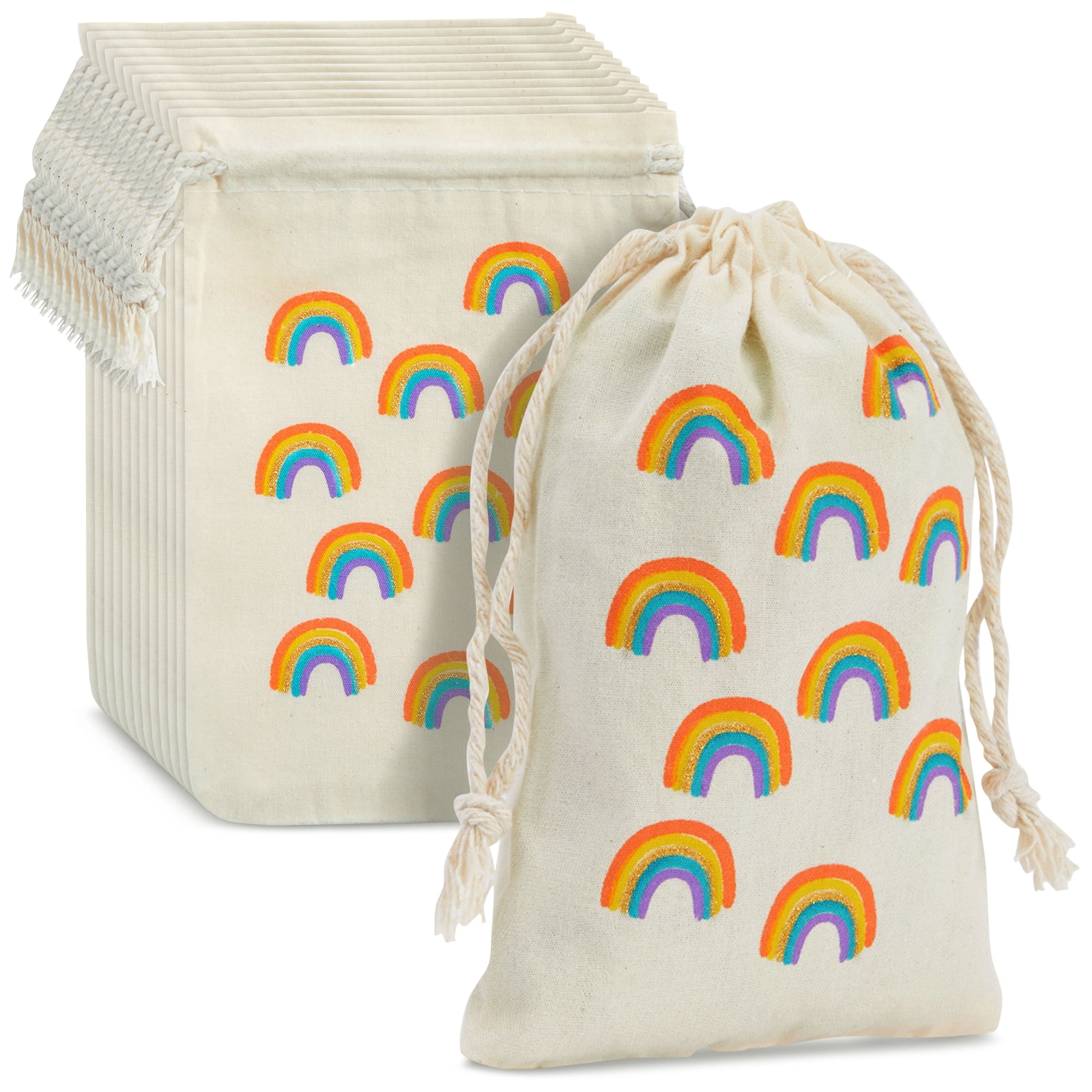 12-Pack Rainbow Mini Canvas Drawstring Favor Bags, Gold Glitter, 4x6 ...