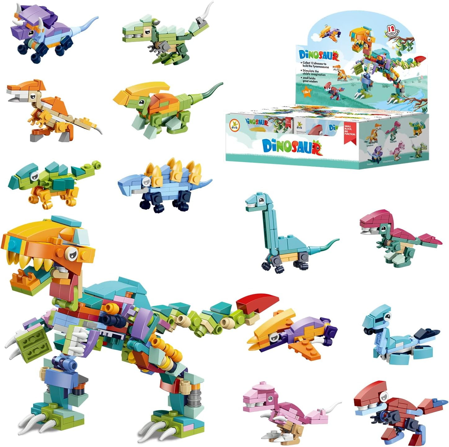 Party Favor for Kids, 12 in 1 Pre Filled Dinosaur Building Block Set-12 ...