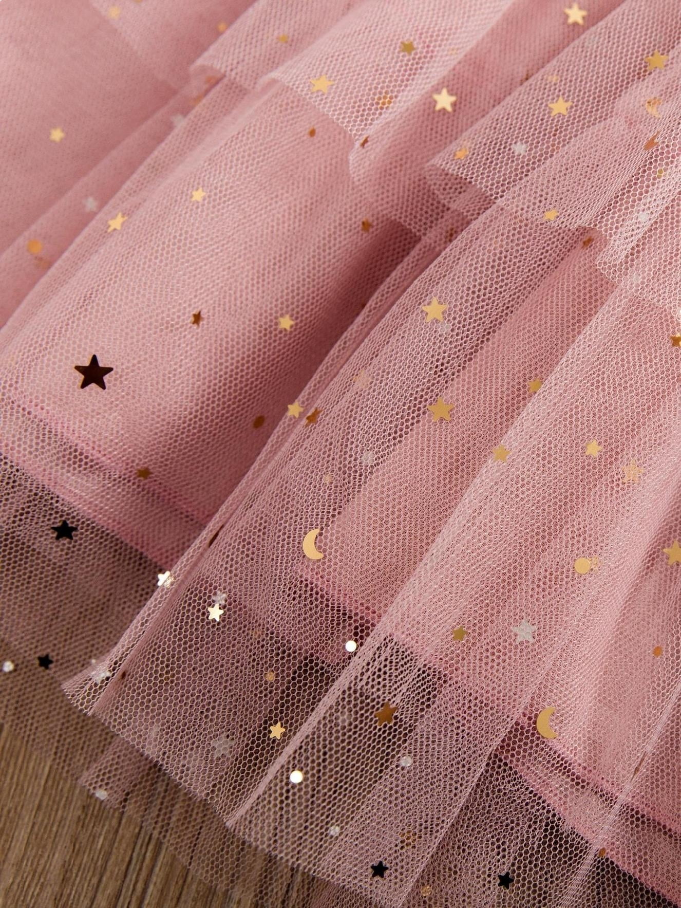 Party Galaxy Print Stand Collar Smock Sleeveless Dusty Pink Toddler ...