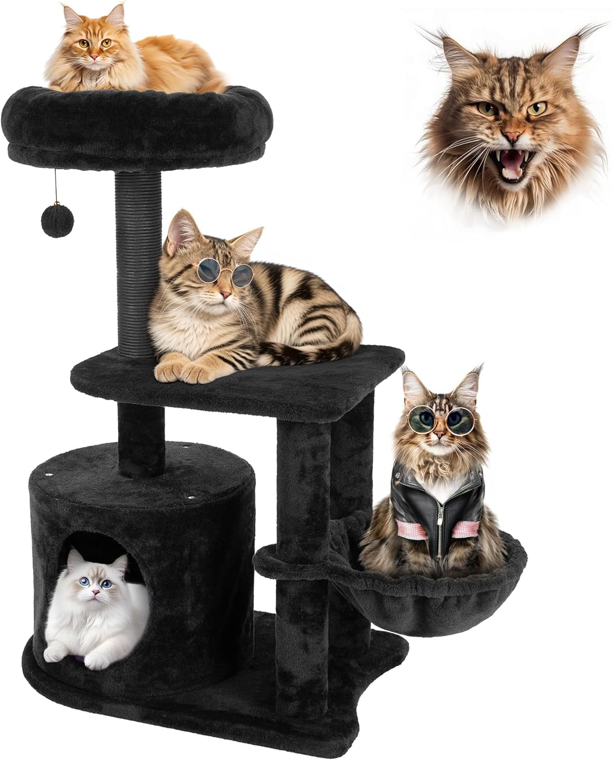 Party Gothic Cat Tree, 36.5” Black Cat Tower for Indoor Cats with Sisal ...