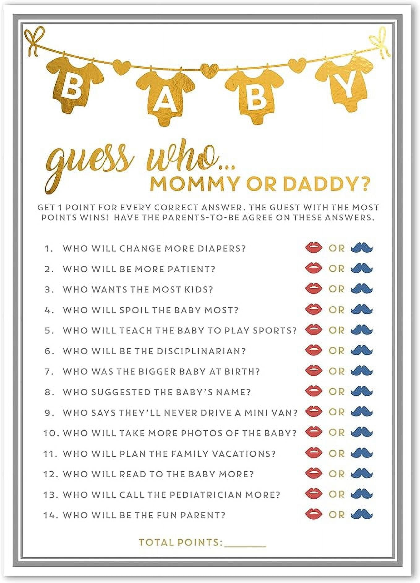Party Hearty, Baby Shower Games Gold Foil, Mommy or Daddy Guess Who ...