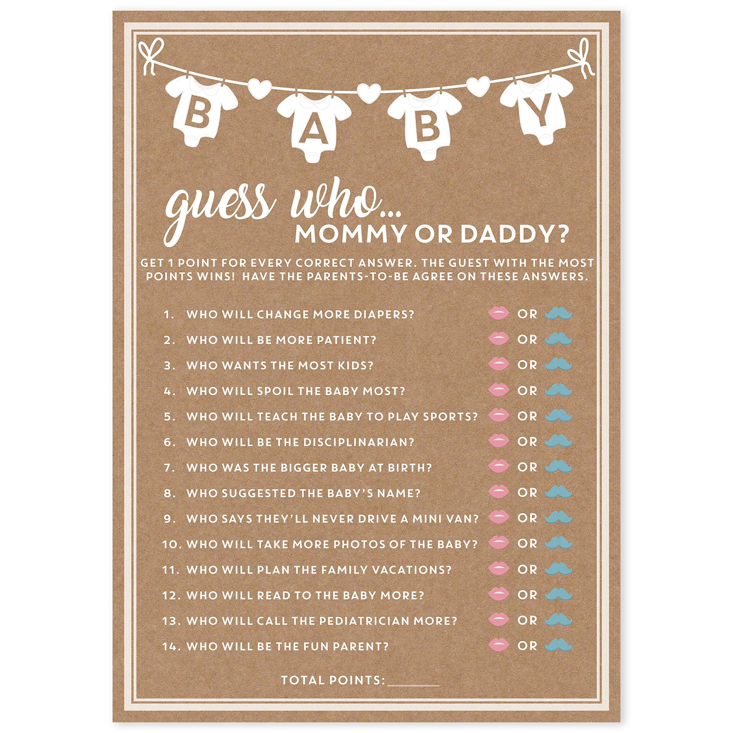 Party Hearty Baby Shower Games for Girl or Boy, 50 pcs Mommy or Daddy ...