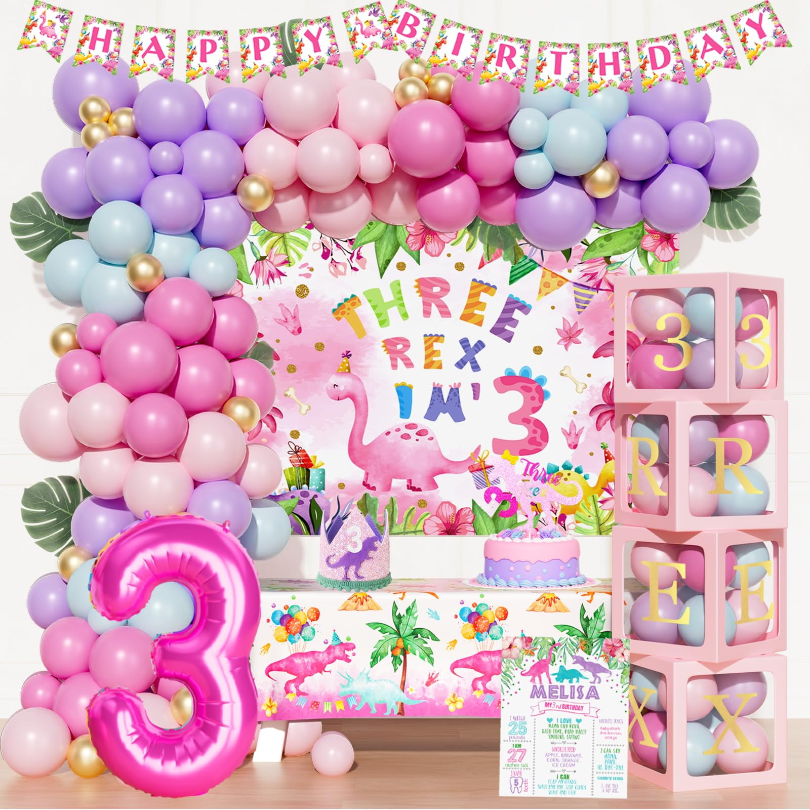 Party Inspo Three Rex Birthday Decorations Girl, Pink 3rd Birthday ...