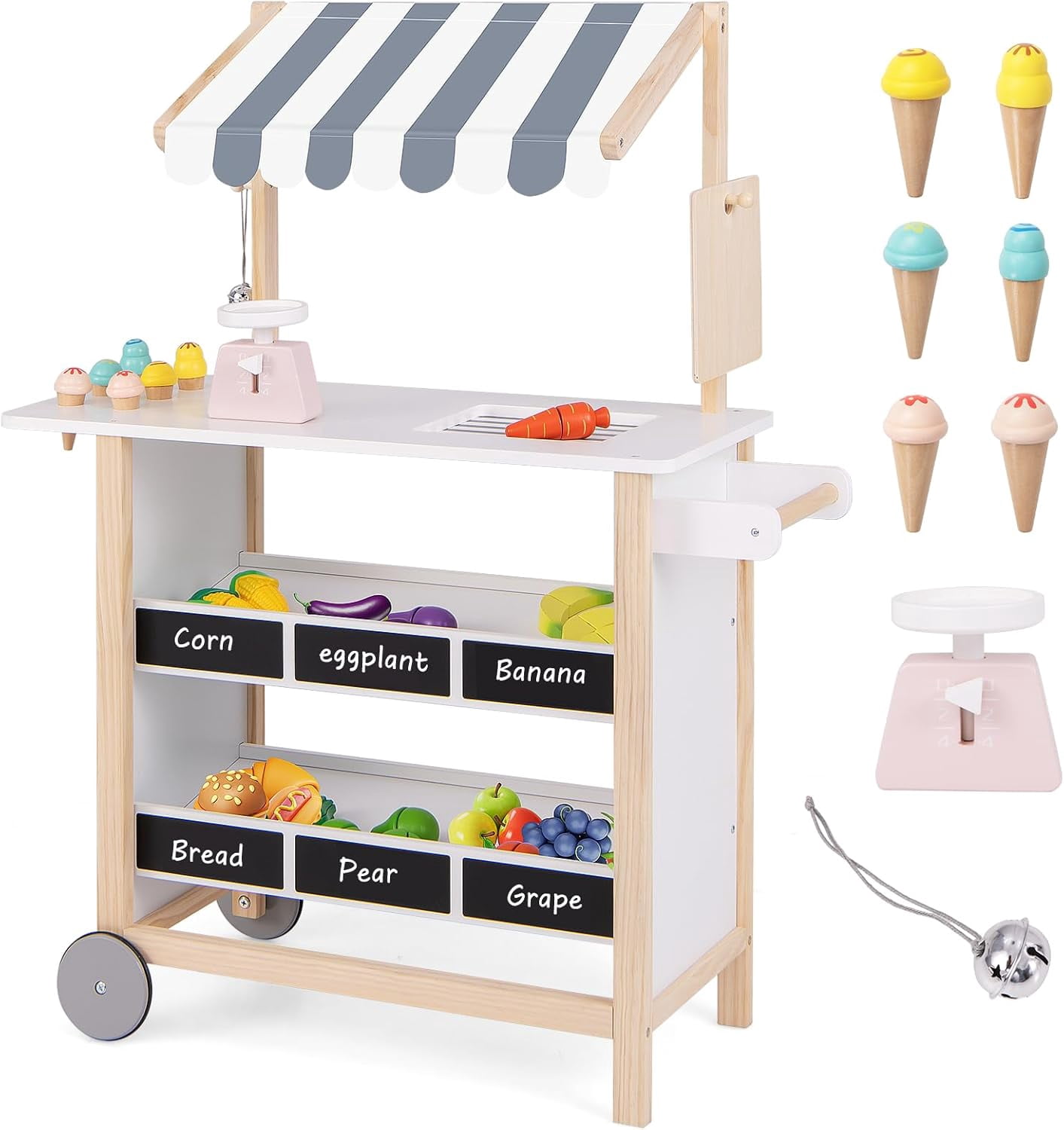Party Kids Ice Cream Cart, Wooden Grocery Store Playset w/6 Pieces Play ...