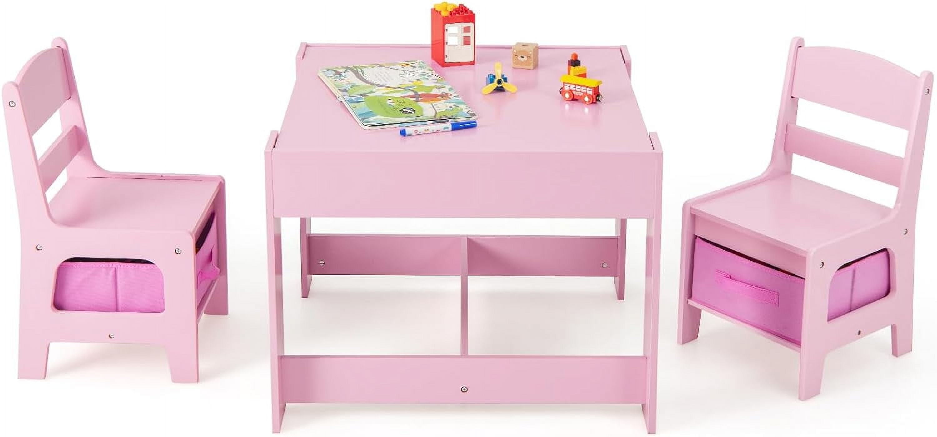 Party Kids Table and Chairs, 3-in-1 Children Wooden Activity Set with Storage, Detachable ...