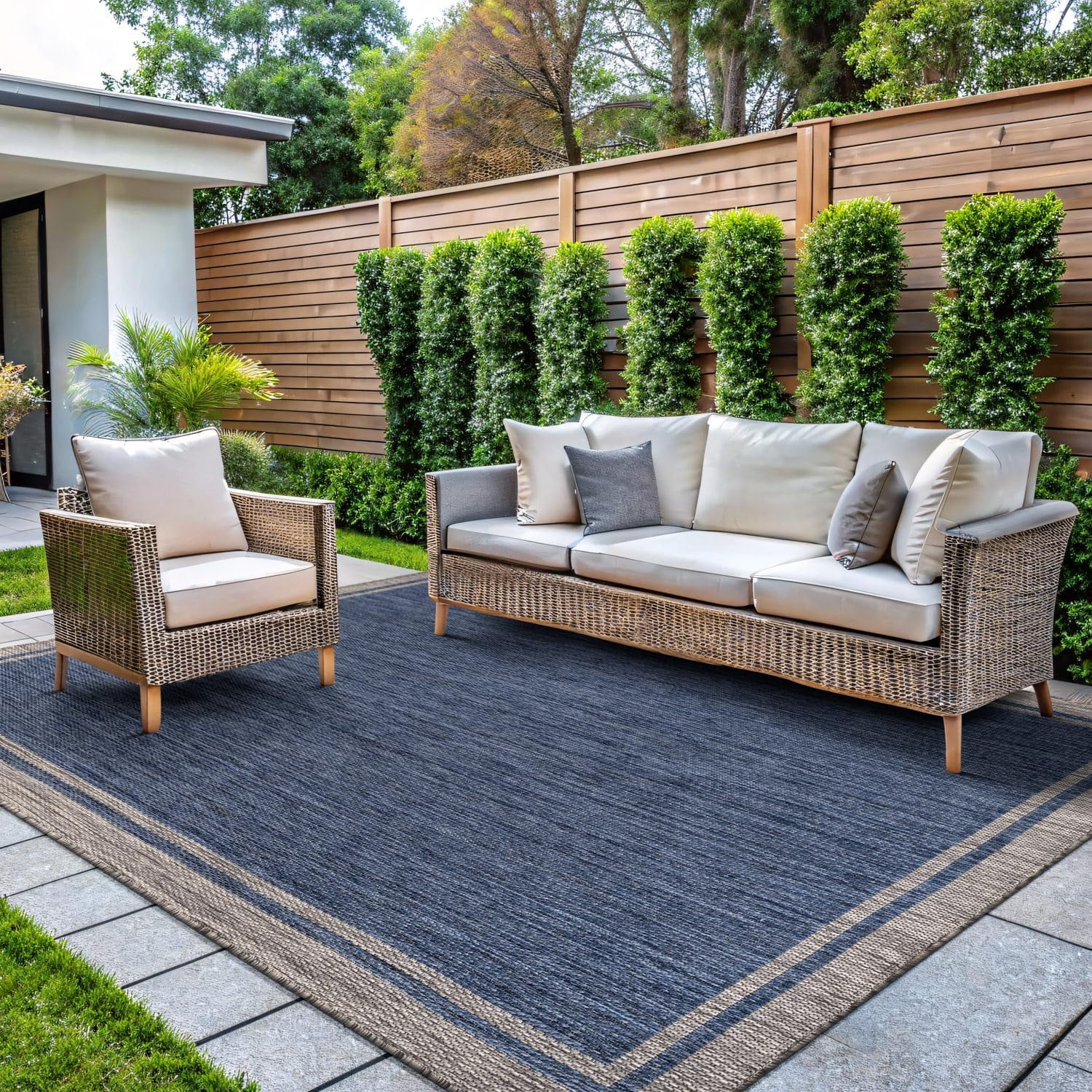 Party Outdoor Rug, 5x7 Bordered Navy Blue Gray Modern Area Rugs for ...
