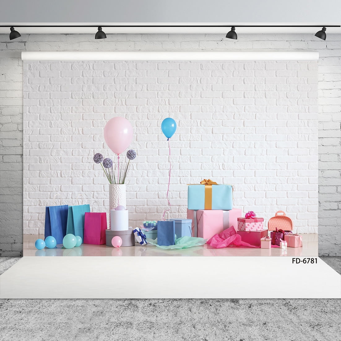 Party Photographic Backdrops White Brick Wall Gift Balloons Vinyl Photo ...