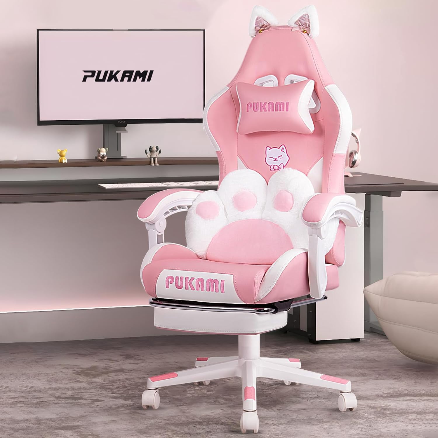 Party Pink Gaming Chair Cute with Cat Ears and Cat Paw Lumbar Cushion ...