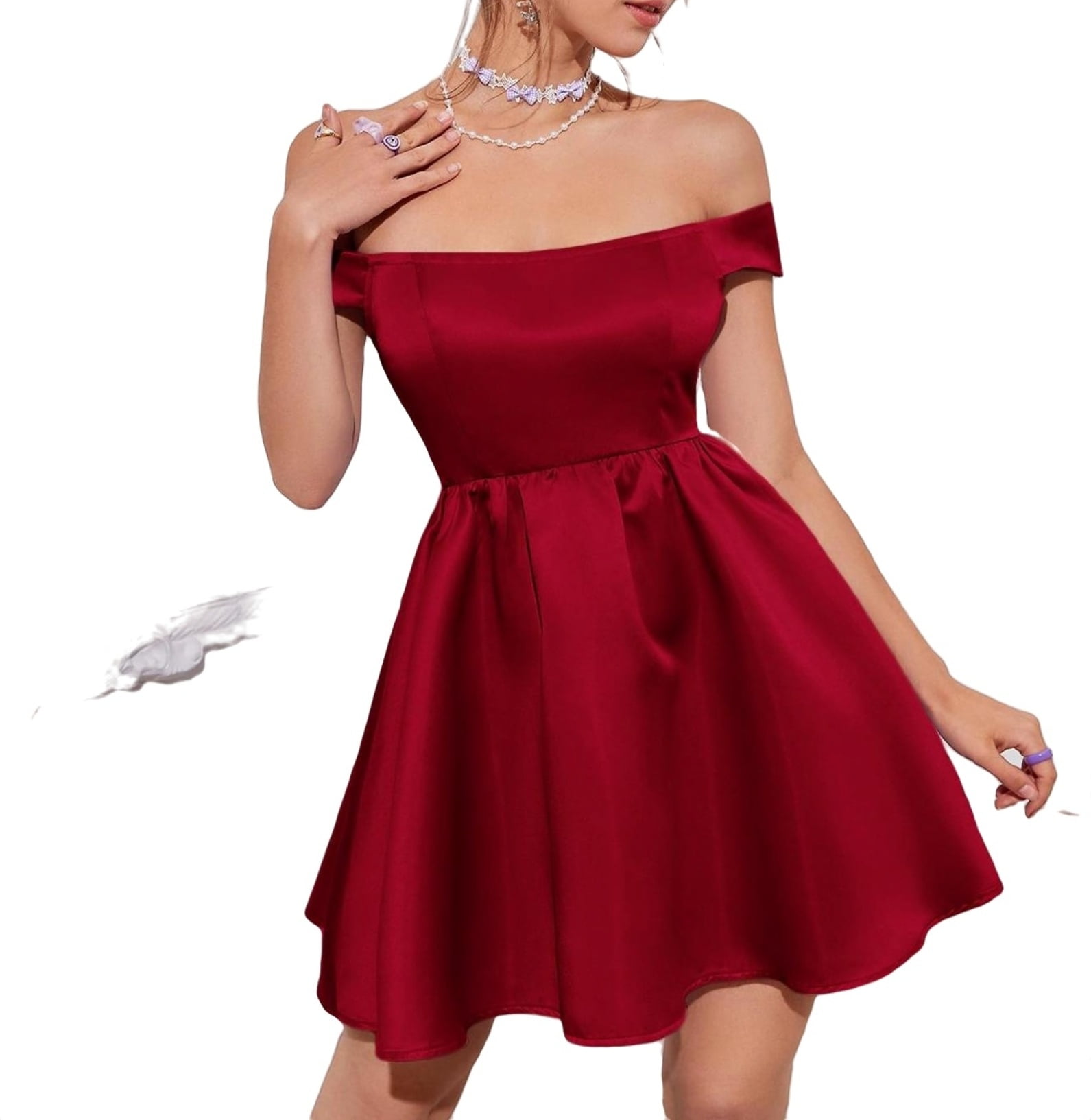 Party Plain Fit and Flare Dress Off the Shoulder Burgundy Women Dresses ...