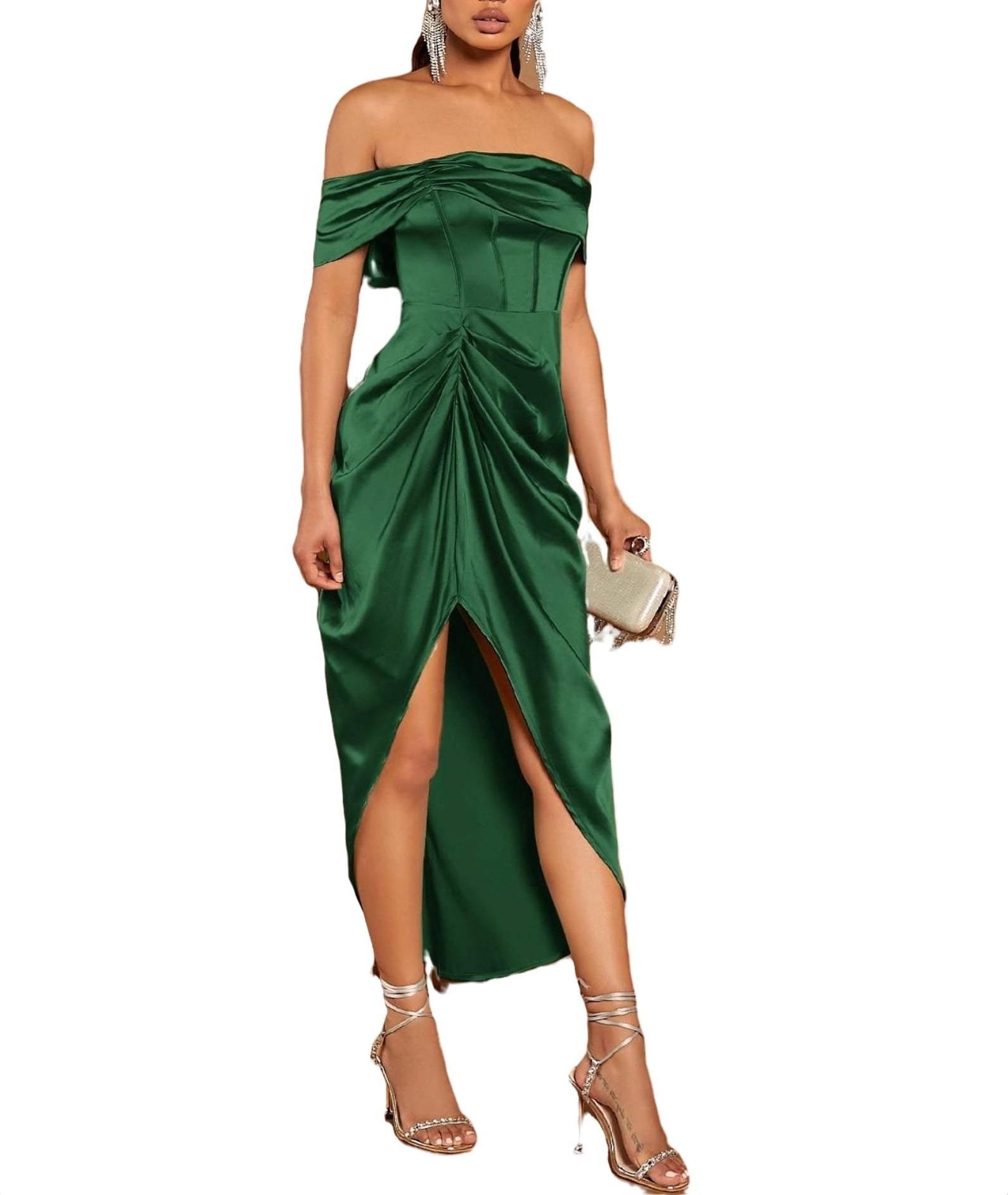 Party Plain Fitted Dress Off the Shoulder Dark Green Women Dresses ...