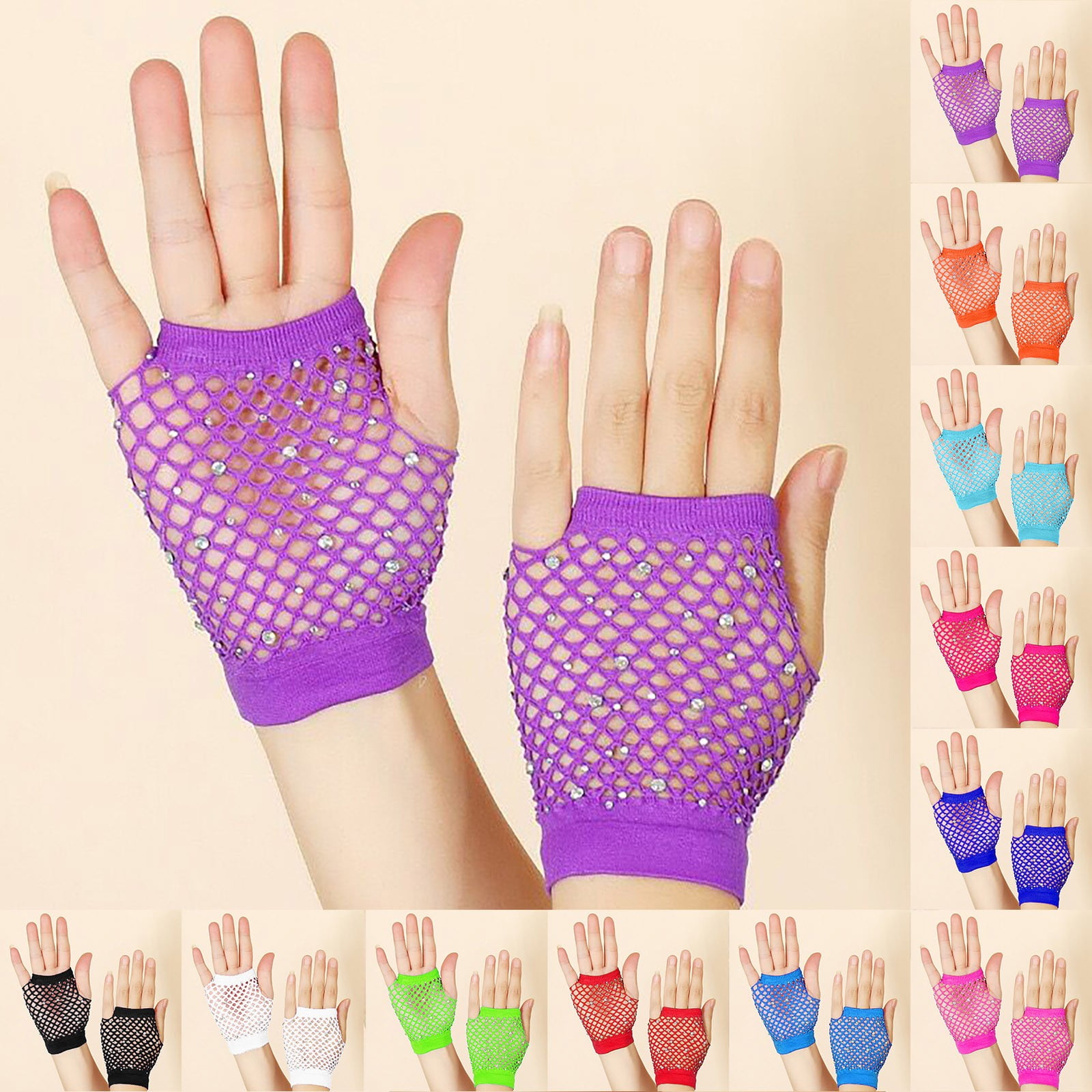 Party Punk Half Finger Mesh Gloves Stretch Color Diamond Detail ...