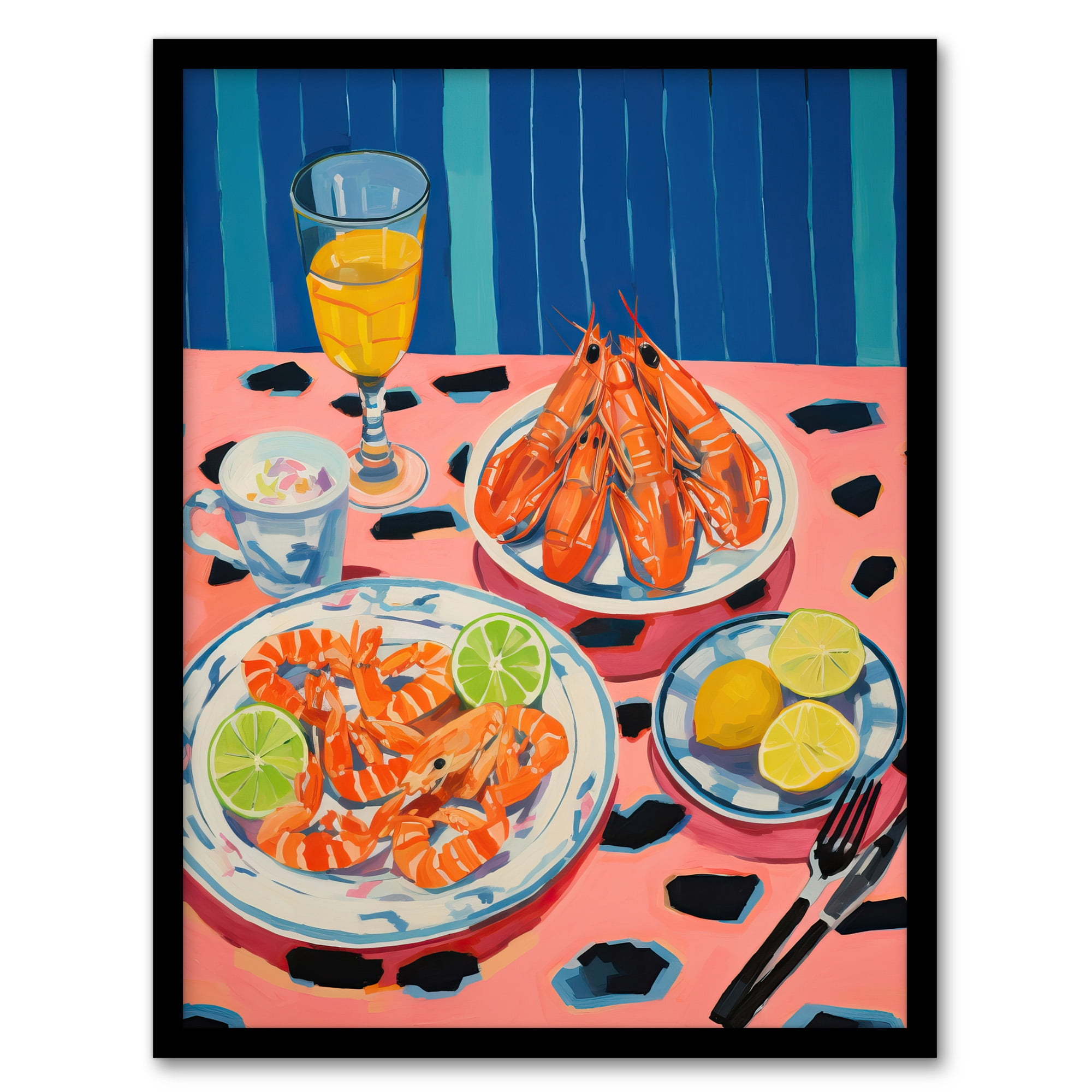 Party Shrimp Oil Painting Yellow Pink Blue Dinner Served on Leopard ...