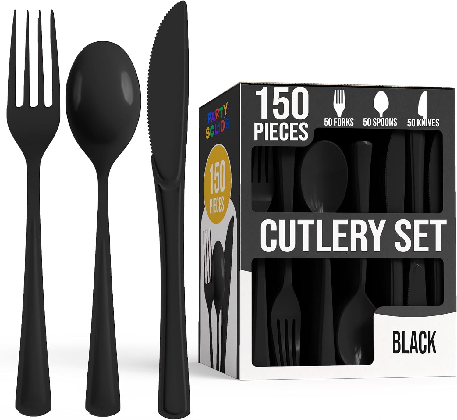 Party Solids Black Plastic Silverware Heavy Duty 150 Pieces Black ...