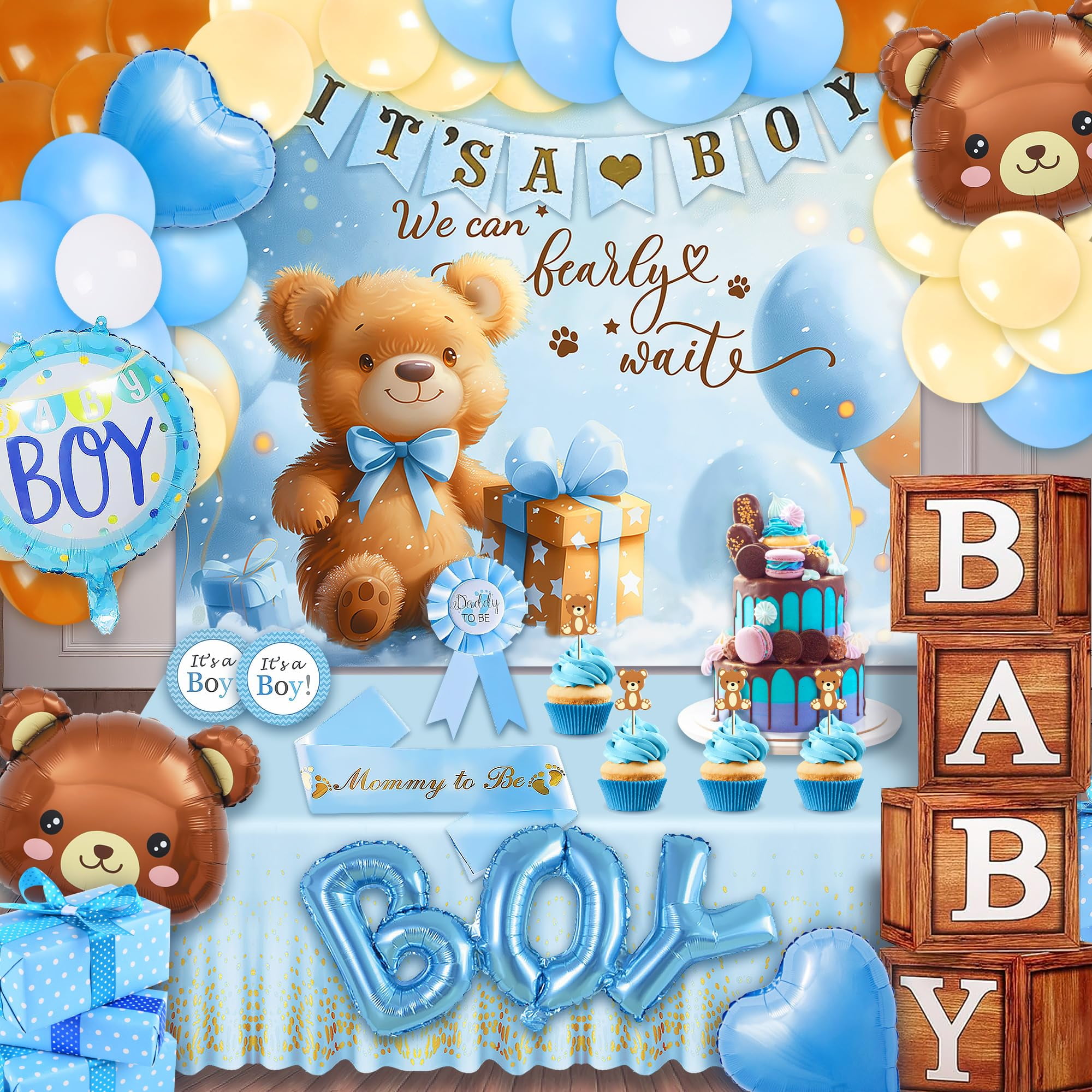 Party Spot！Bear Baby Shower Decorations Boy,80 pcs Balloons,4 Wood ...