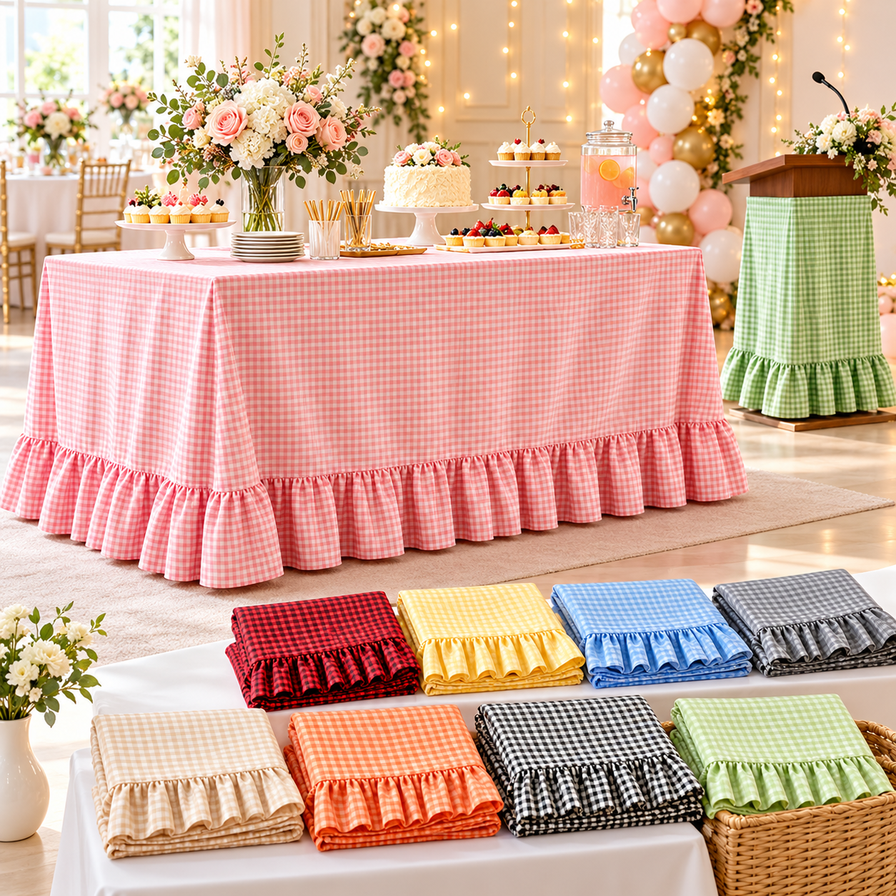 Party Table Skirt Combines Velcro Attachment Design and Plaid Ruffle ...