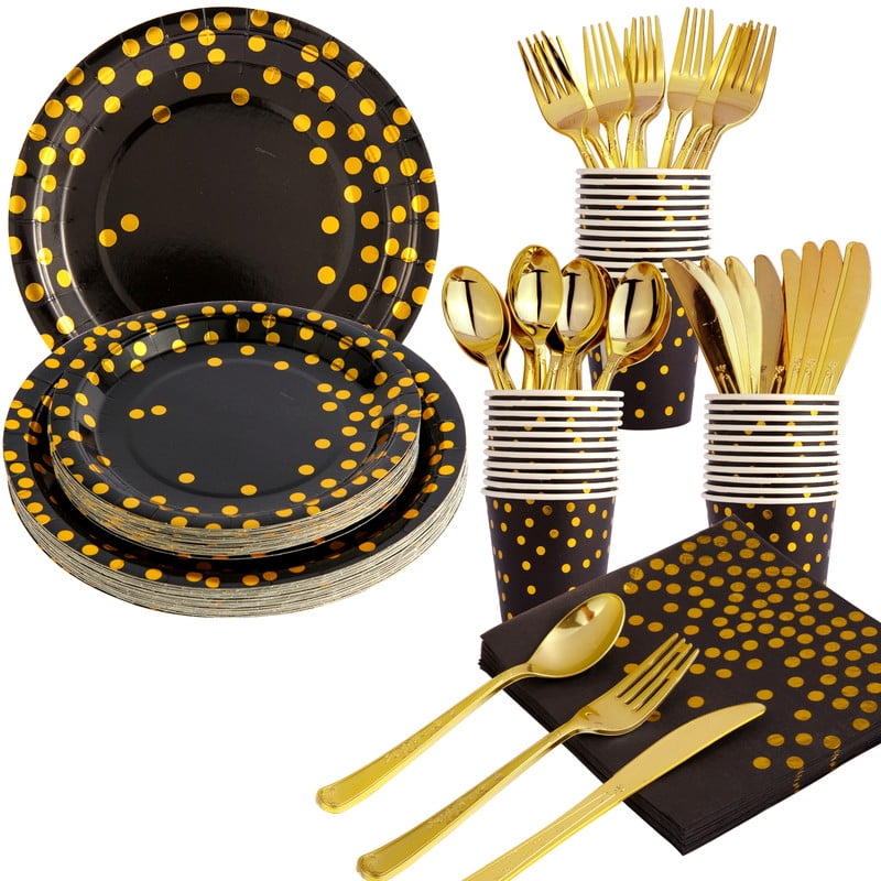Party Tableware Set Black with Gold Dots Disposable 200-Piece for 25 ...