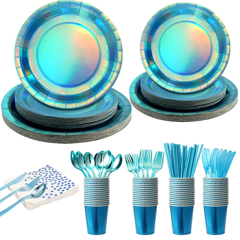 Party Tableware Set Holographic Light Blue 400-Piece For 50 Guests ...