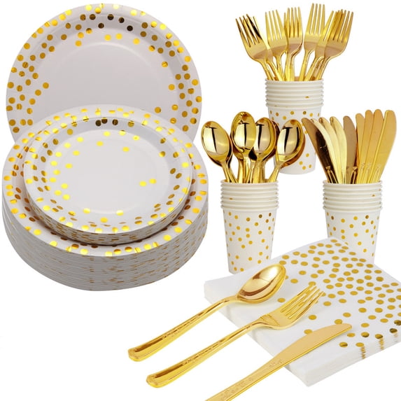 Party Tableware Set White and Gold Disposable 400-Piece for 50 Guests ...