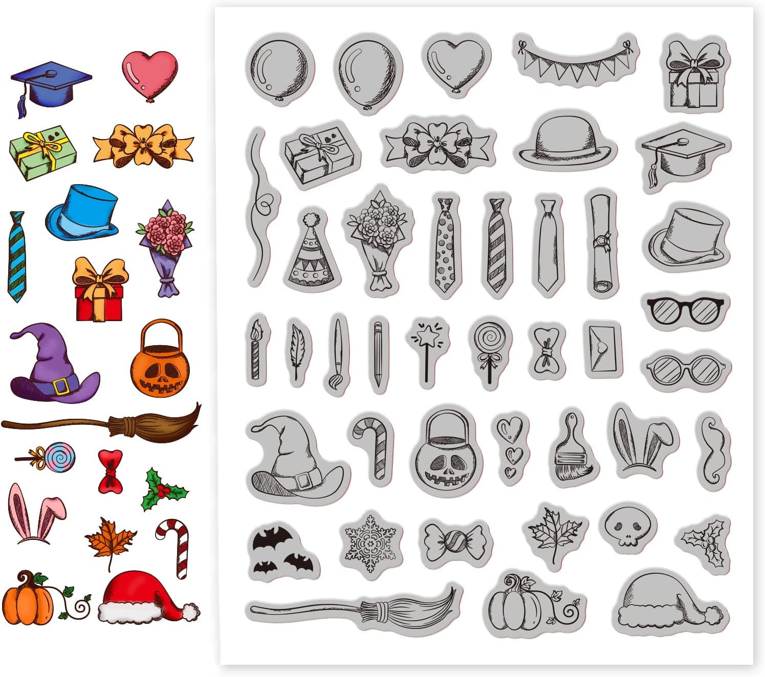 Party Themed Cling Rubber Stamps Hat Tie Flower Gift Box Script Stamps ...