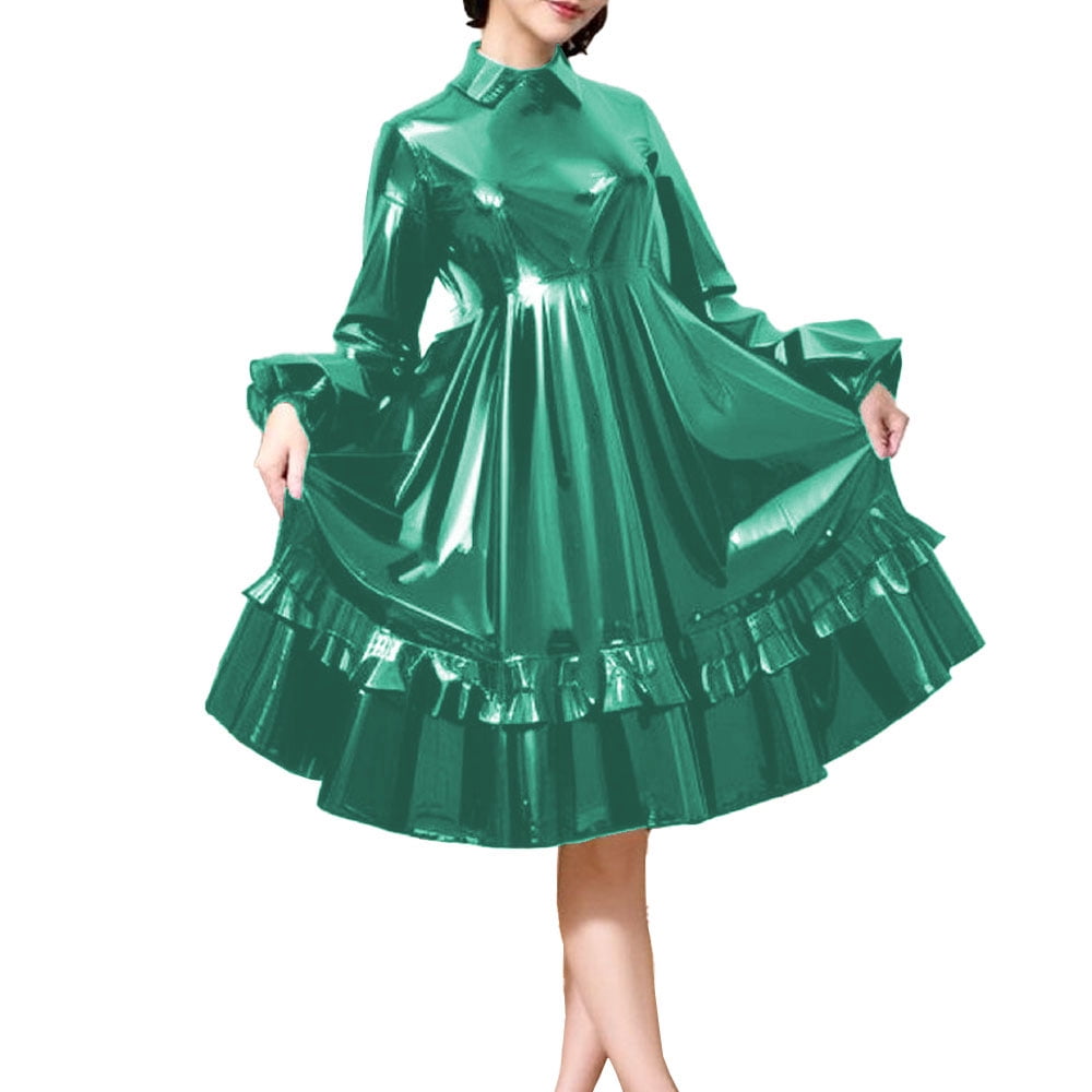Party Turn Down Collar Wetlook PVC Leather Lolita Dress Long Puff ...