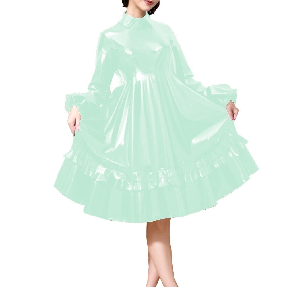 Party Turn Down Collar Wetlook PVC Leather Lolita Dress Long Puff ...