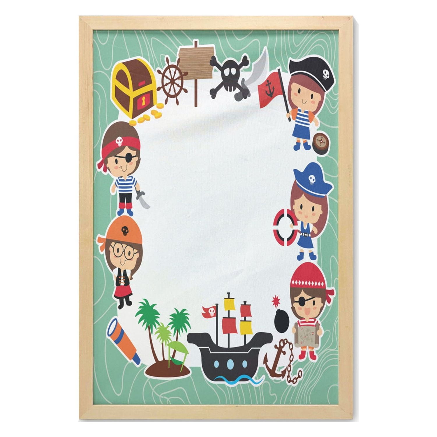 Party Wall Art with Frame, Pirate Explorer in Cartoon Style Treasure ...